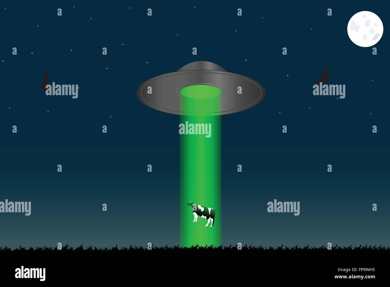 Image of a UFO levitating a cow with a night sky background Stock ...