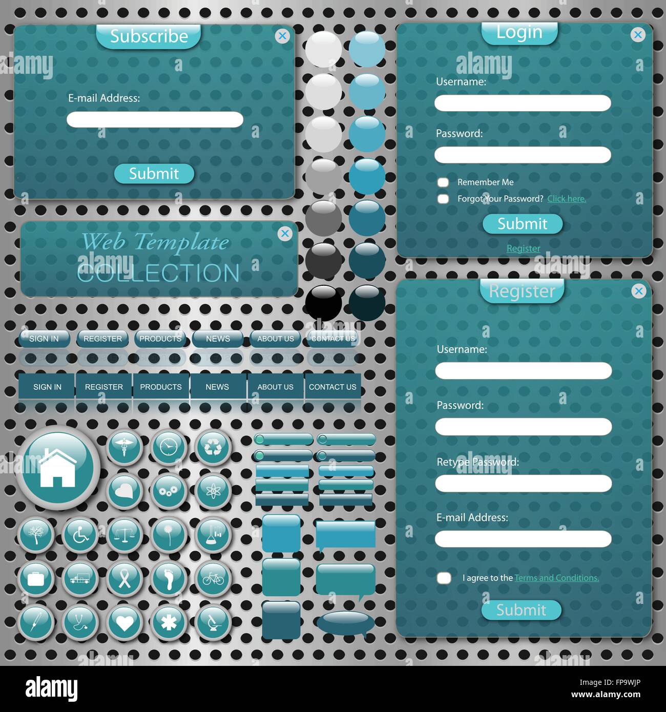 Image of a colorful web template with bars, buttons, icons, chat ...