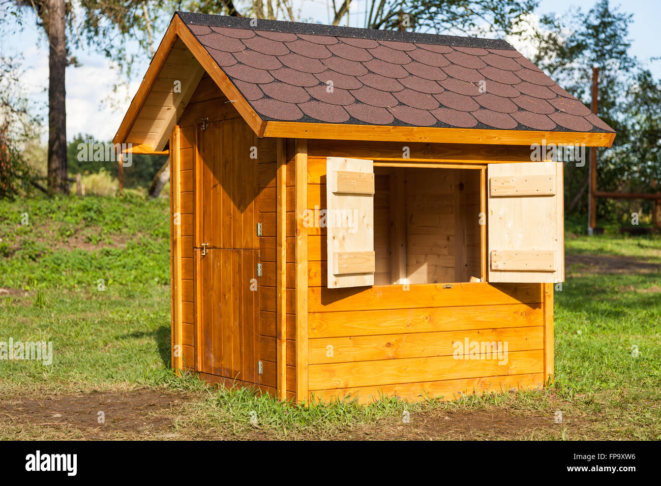 Small children houses made of wood in an Italian park Stock Photo - Alamy