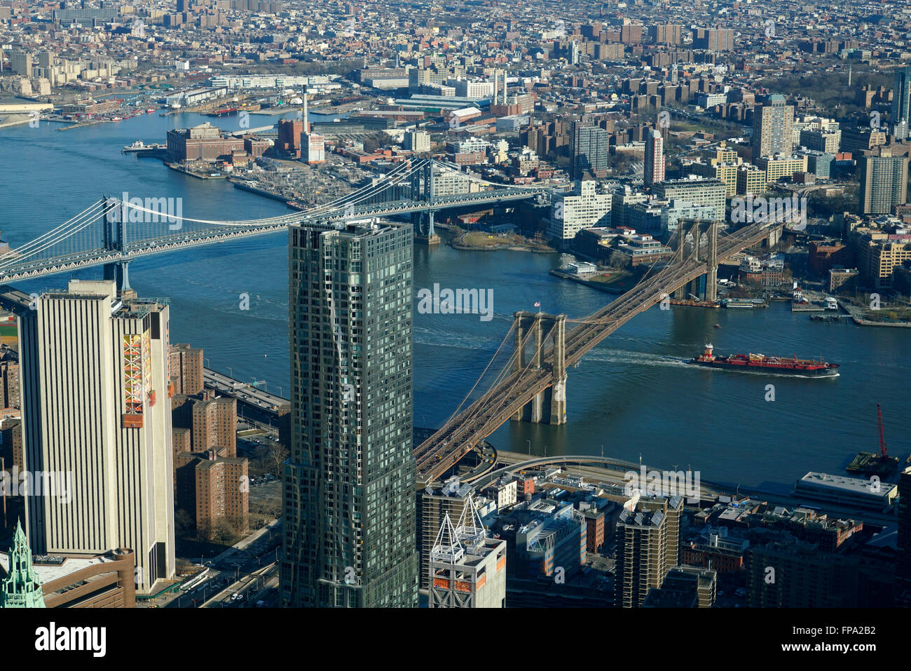 Aerial view of Lower Manhattan with Manhattan Bridge and Brooklyn ...