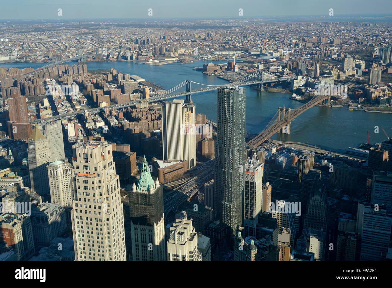Aerial view of Lower Manhattan with Manhattan Bridge and Brooklyn ...