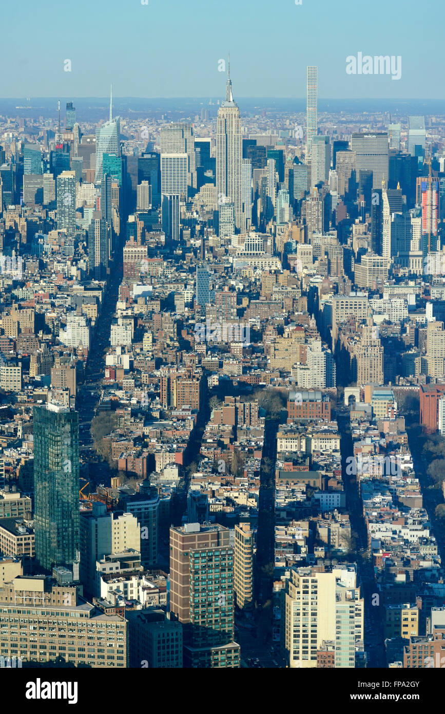 Aerial view of Manhattan Island facing north from One World Observatory ...