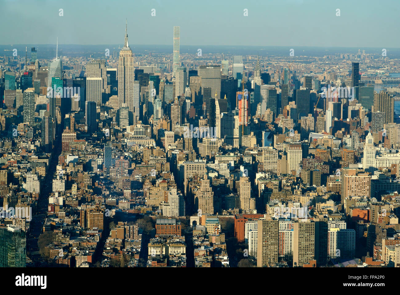 Aerial view of Manhattan Island facing north from One World Observatory ...