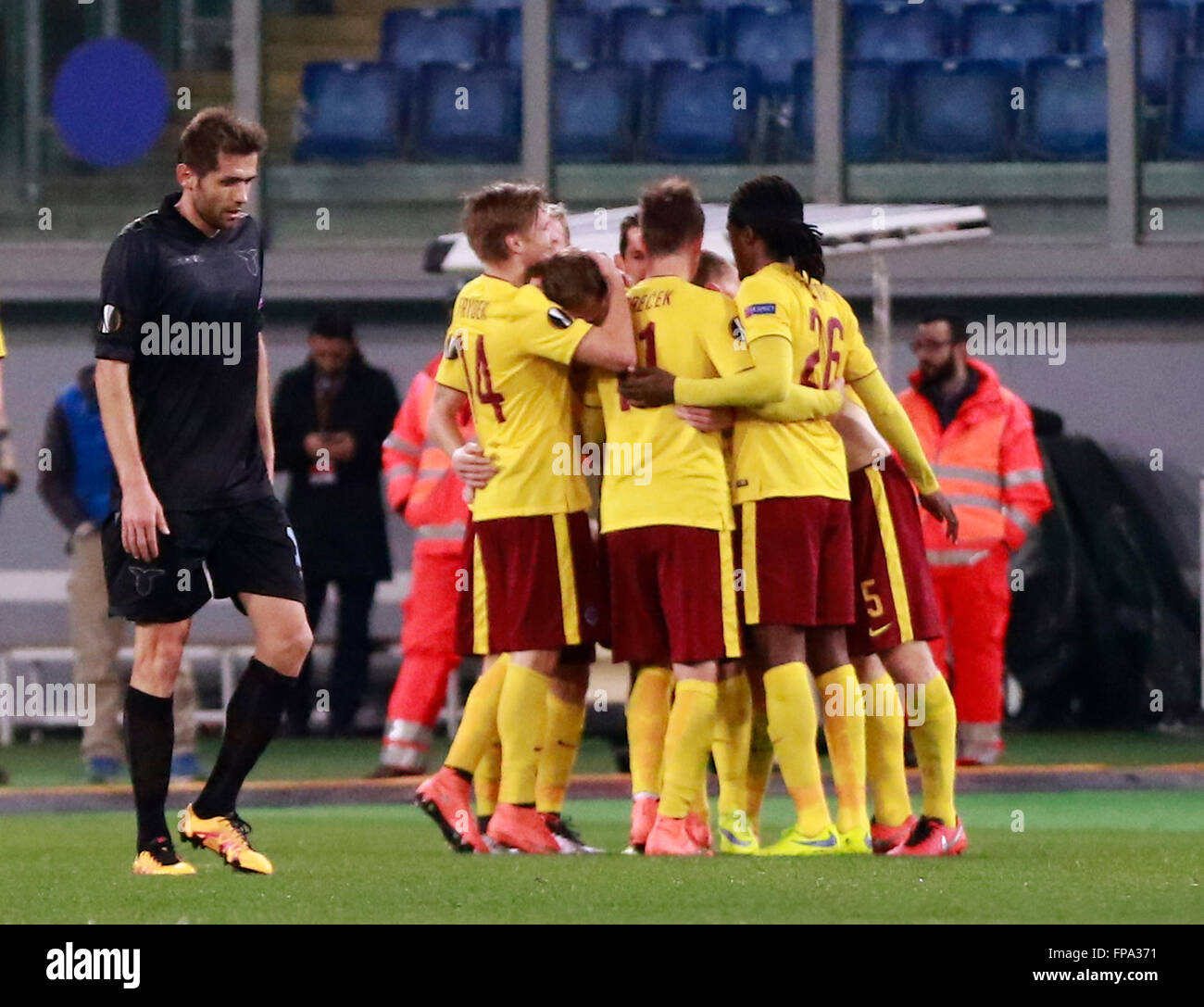 ROME, Italy. 17th Mar, 2016. Sparta Praha's players celebrate after ...