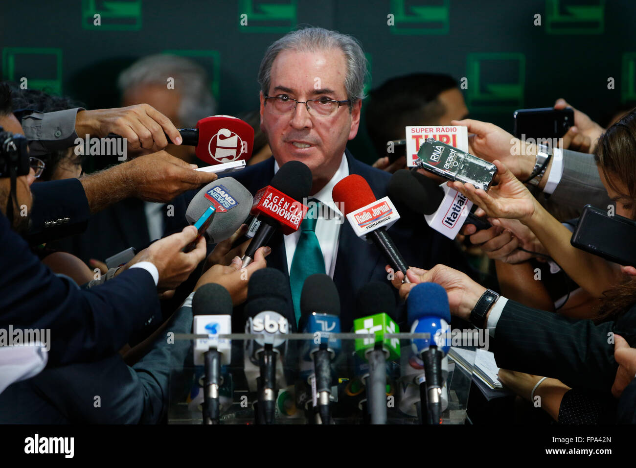 Speaker of the Brazilian House Eduardo Cunha speaks to the media after ...