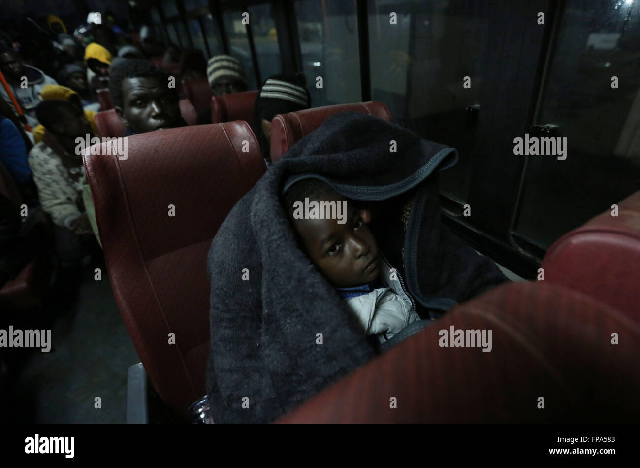 Tripoli, Libya. 17th Mar, 2016. Illegal immigrants are seen on a bus ...