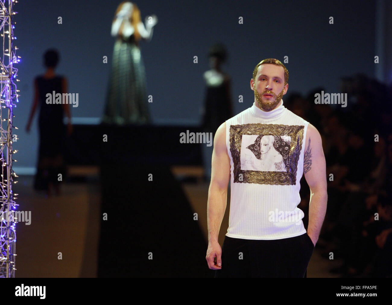 A model presents a creation by Ukrainian designer Aleksey Zalevskiy ...