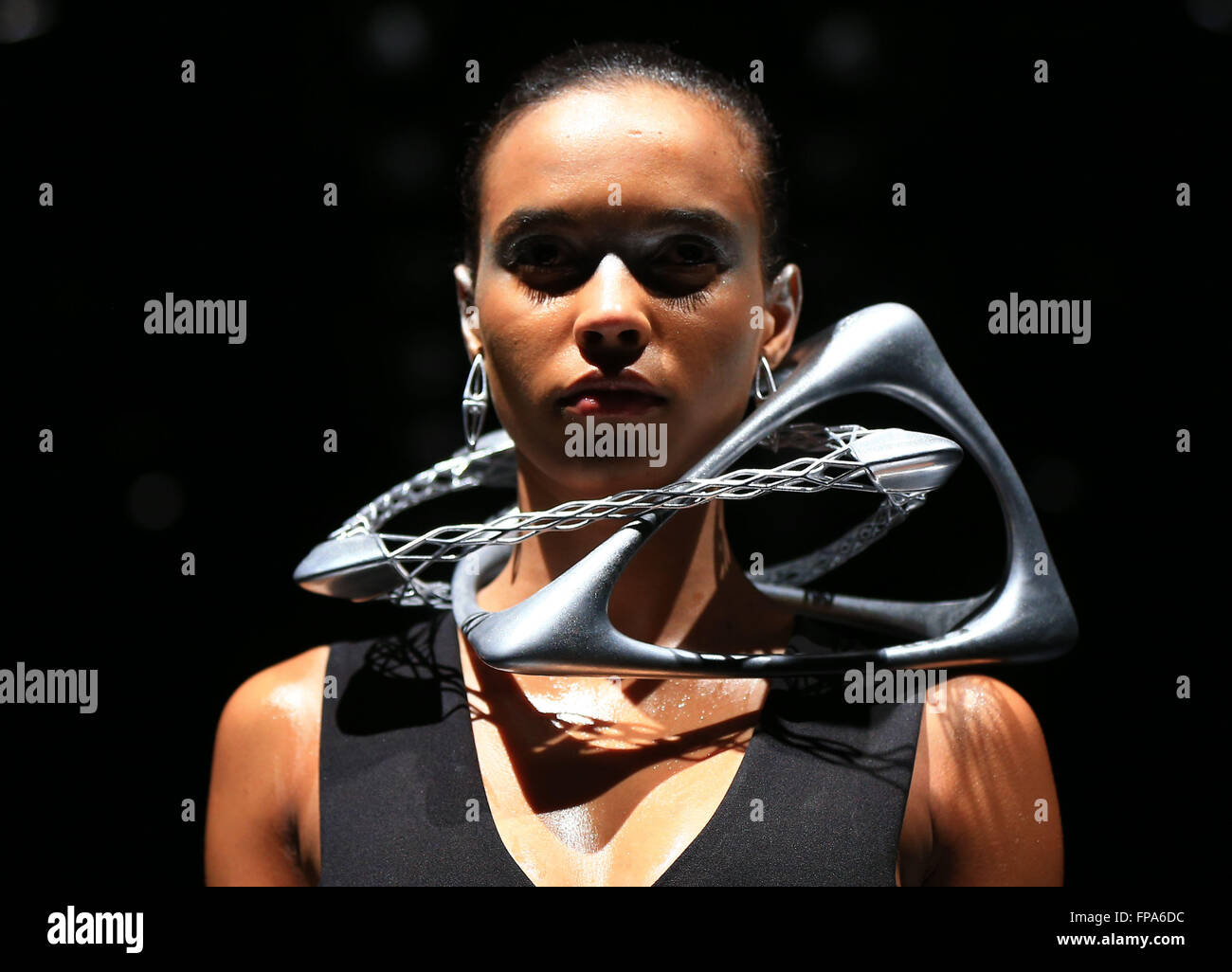 Toronto, Canada. 17th Mar, 2016. A model poses on the runway wearing ...