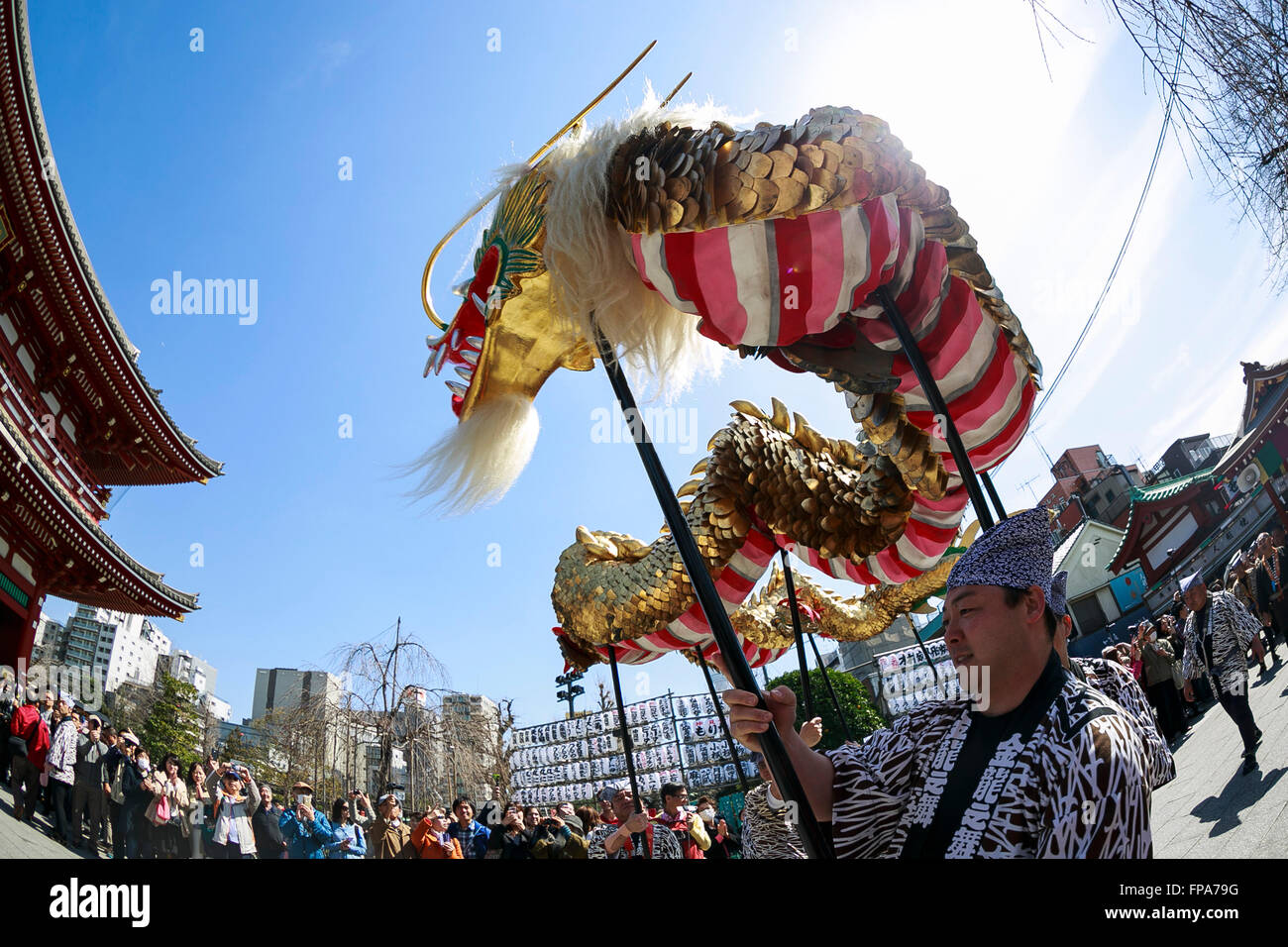 Tokyo, Japan. 18th March, 2016. A Golden dragon dance or Kinryu-no-Mai ...