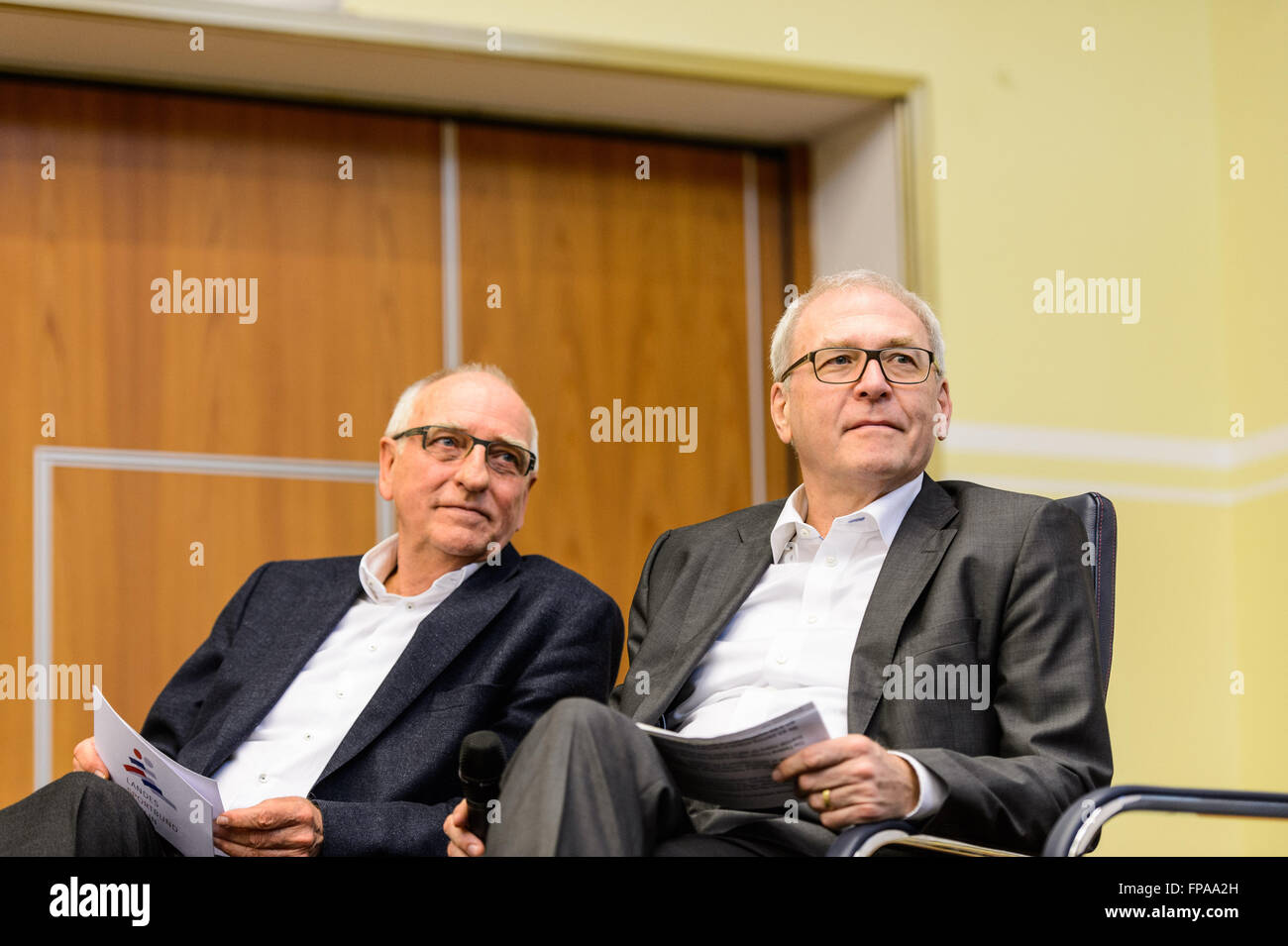 Berlin, Germany. 18th Mar, 2016. Klaus Boeger (L), president of the ...