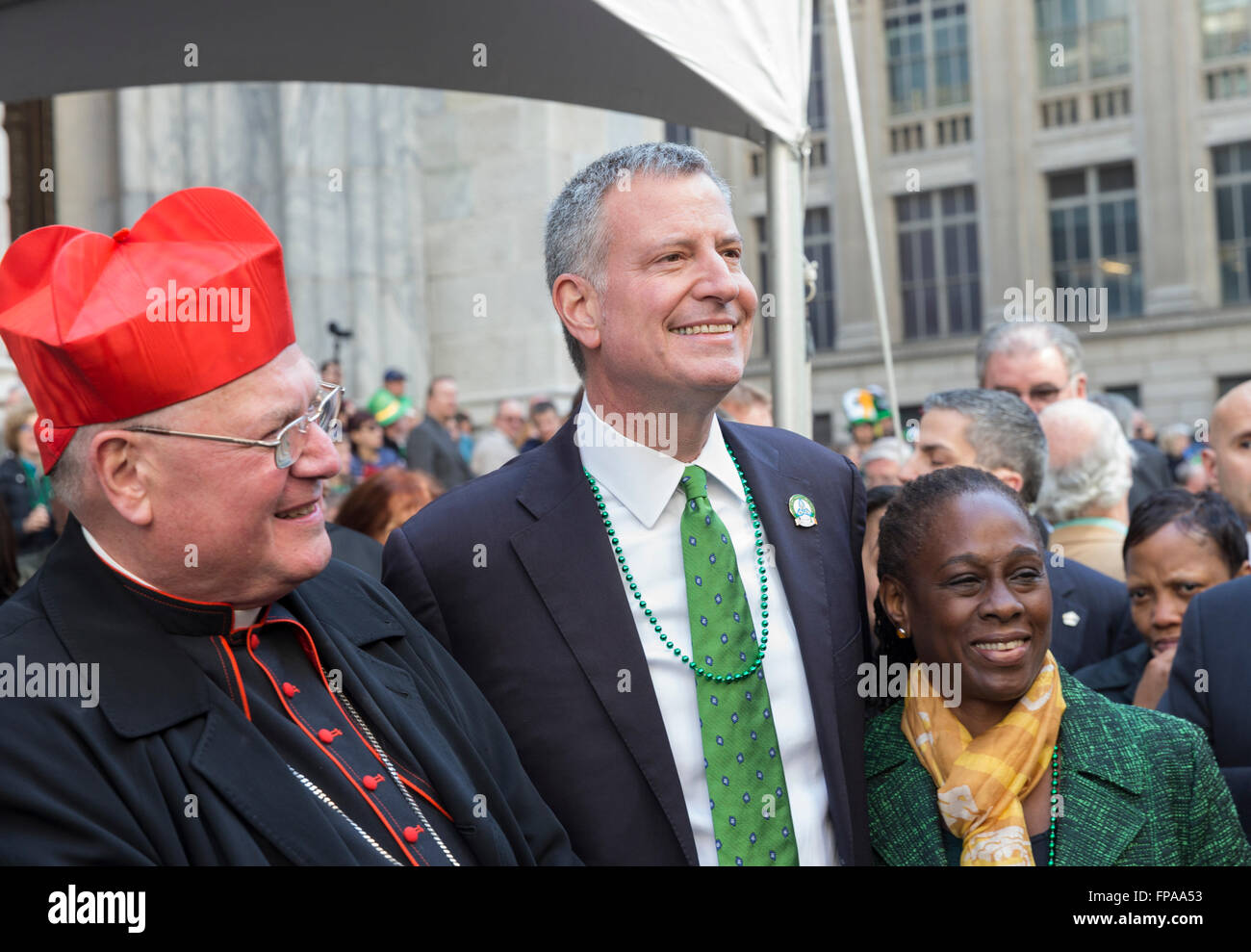 New York, USA. 17th March, 2016. Cardinal Timothy Dolan, Bill de Blasio ...