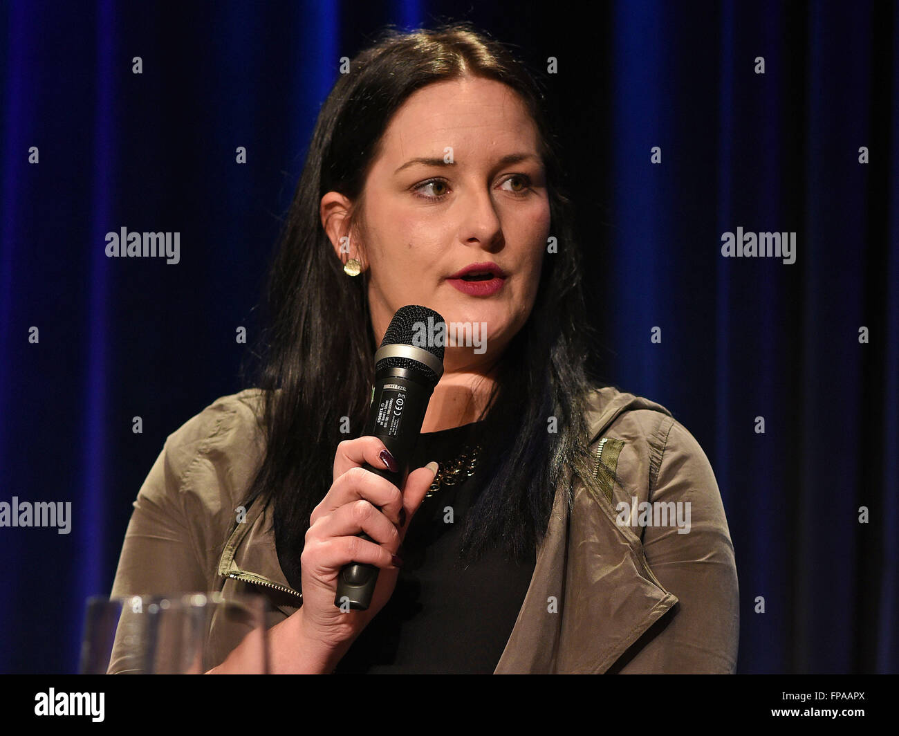 Cologne, Germany. 18th Mar, 2016. Author Jessica Gehres speaks during a ...
