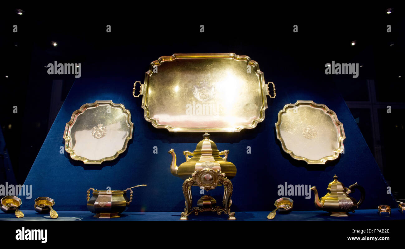 Moritzburg, Germany. 18th Mar, 2016. A golden tea service being ...