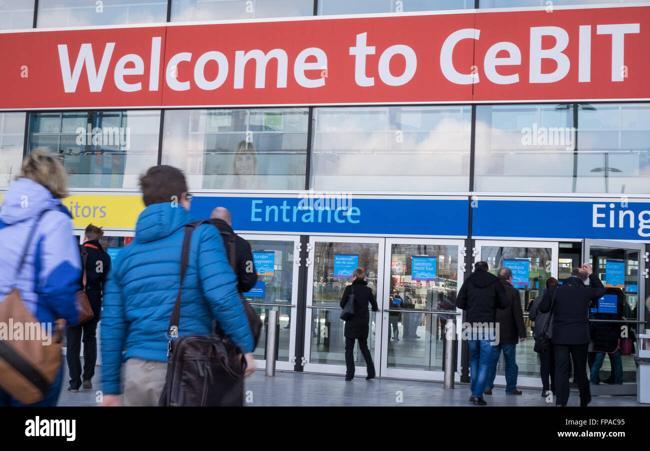 Hanover, Germany. 16th Mar, 2016. The writing 'Welcome to CeBIT' can be ...