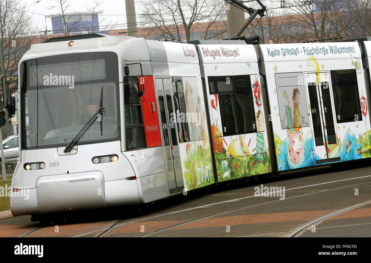Duesseldorf, Germany. 18th Mar, 2016. A tram designed by young refugees ...