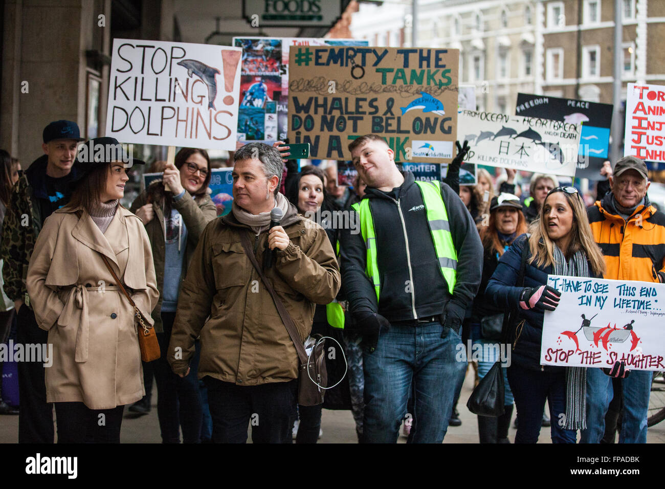 London, UK. 18th March 2016. Campaigners march to the Japanese embassy ...