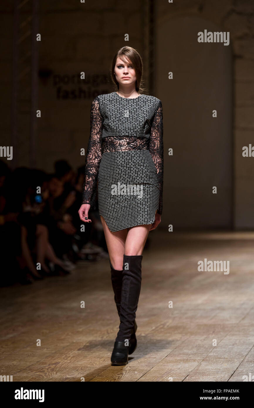 Porto, Portugal. 18th March, 2016. Model walks in the catwalk for designer fashion show Elsa ...