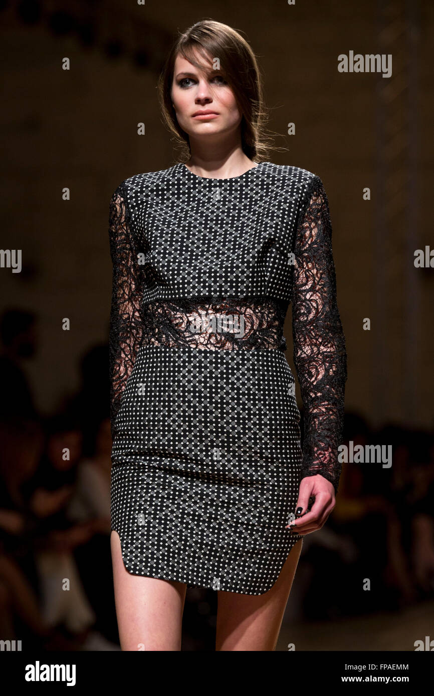 Porto, Portugal. 18th March, 2016. Model walks in the catwalk for designer fashion show Elsa ...