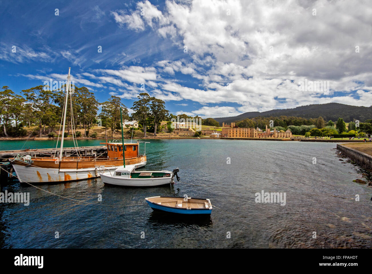 Port Arthur prison tasmania australia showing harbour, yacht, dinghy ...