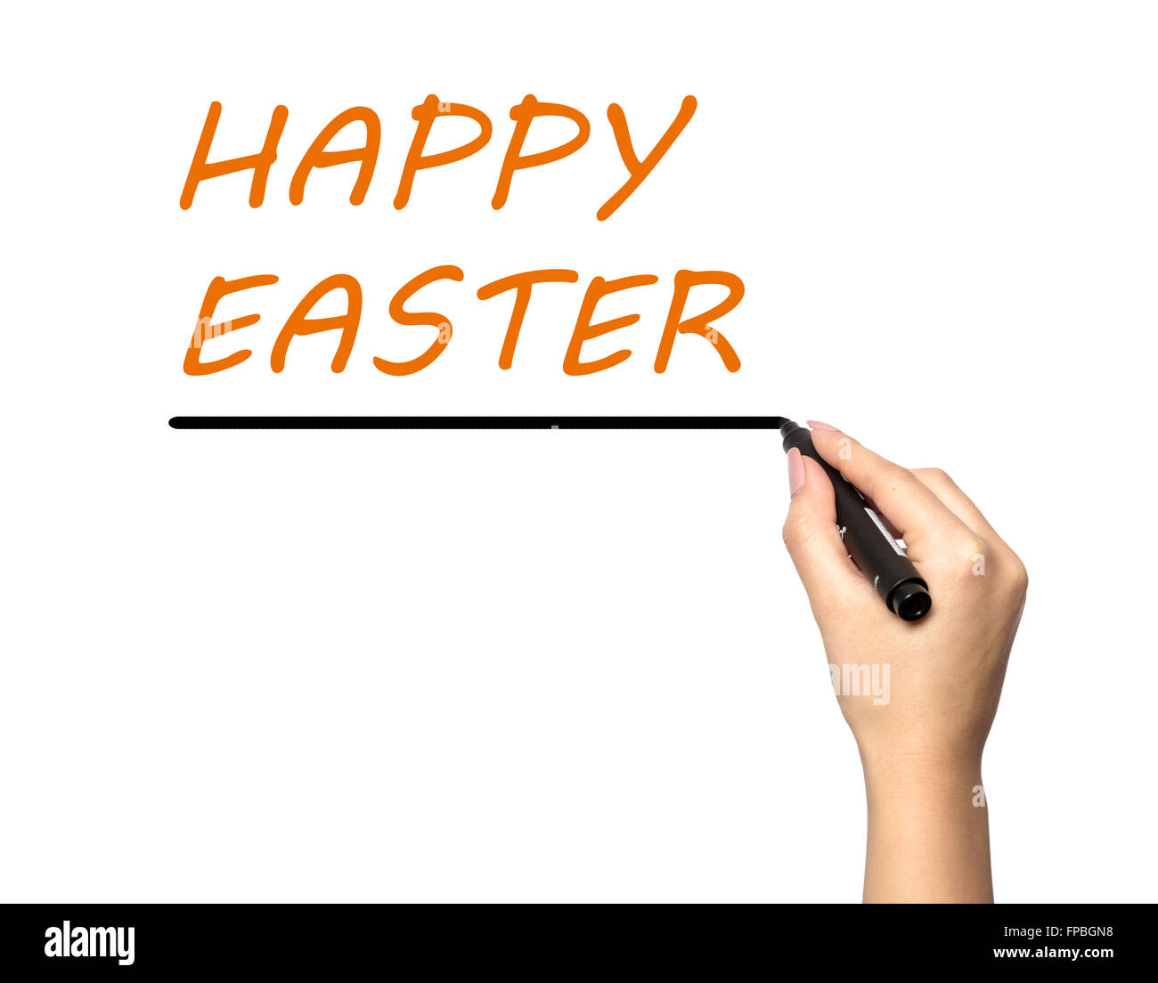 Happy easter word write on white background by woman hand holding ...