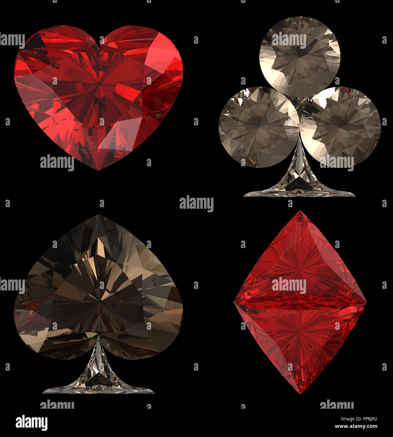 Colored Diamond shaped Card Suits over black background. Other gems are ...