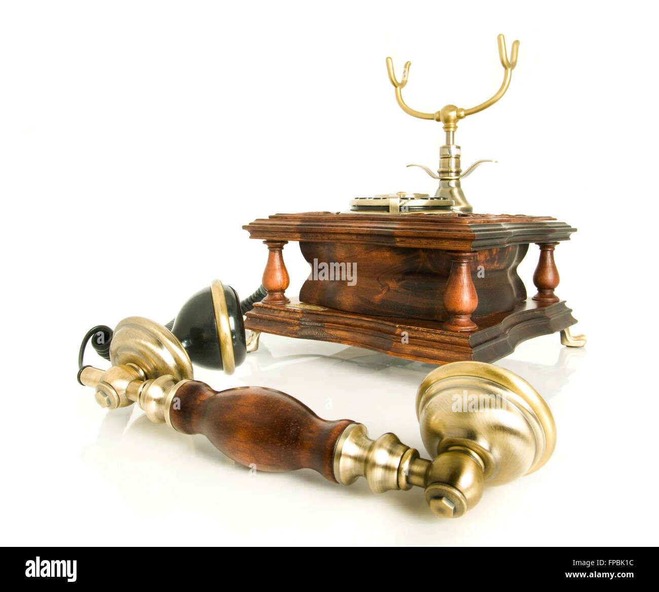 Conversation. Old-fashioned telephone with picked up hearer isolated ...