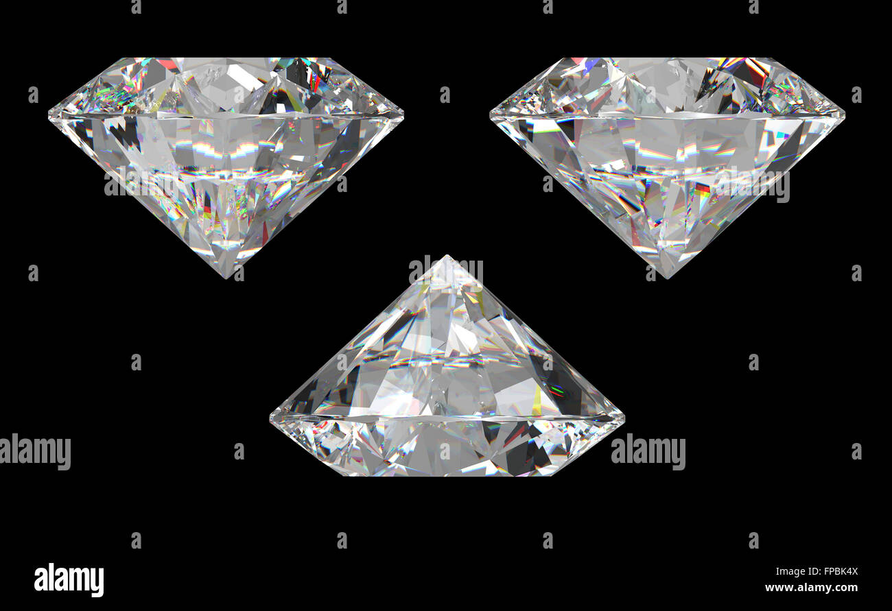 Three different side views of large diamond over black background Stock ...