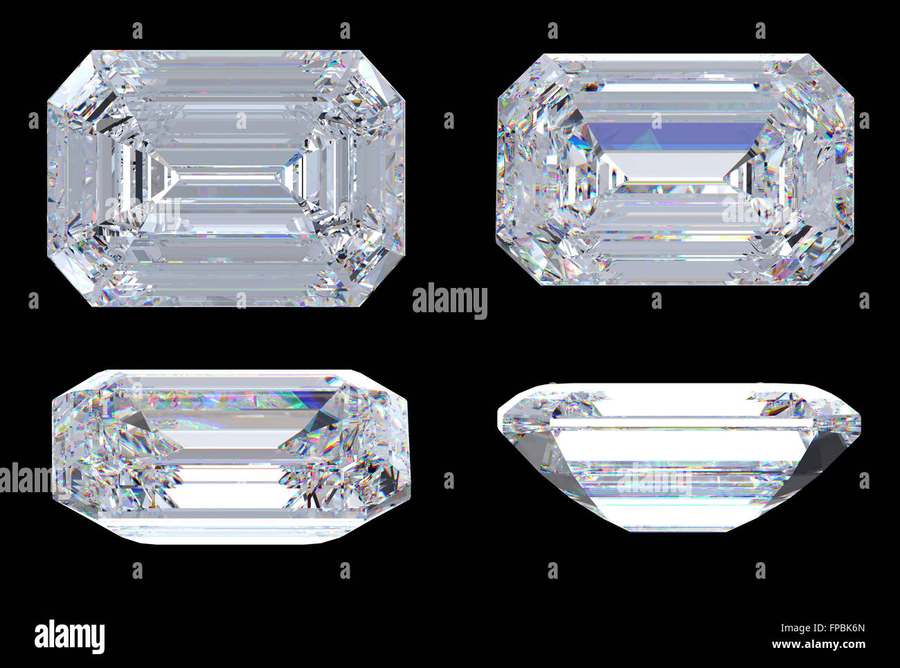 Top, bottom and side views of Emerald diamond. Over black, Extralarge ...