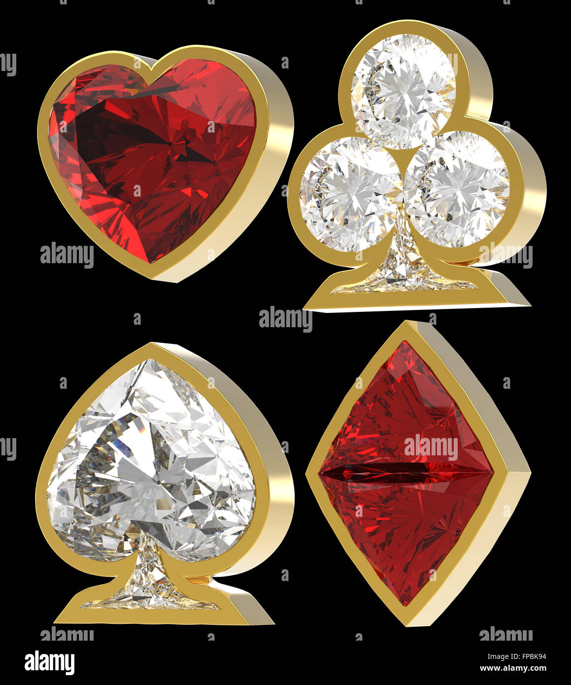 Side view of Diamond shaped Card Suits with golden framing over black ...