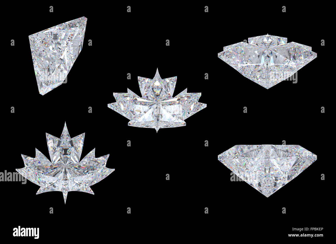 Top, bottom and side views of maple leaf diamond. Over black ...