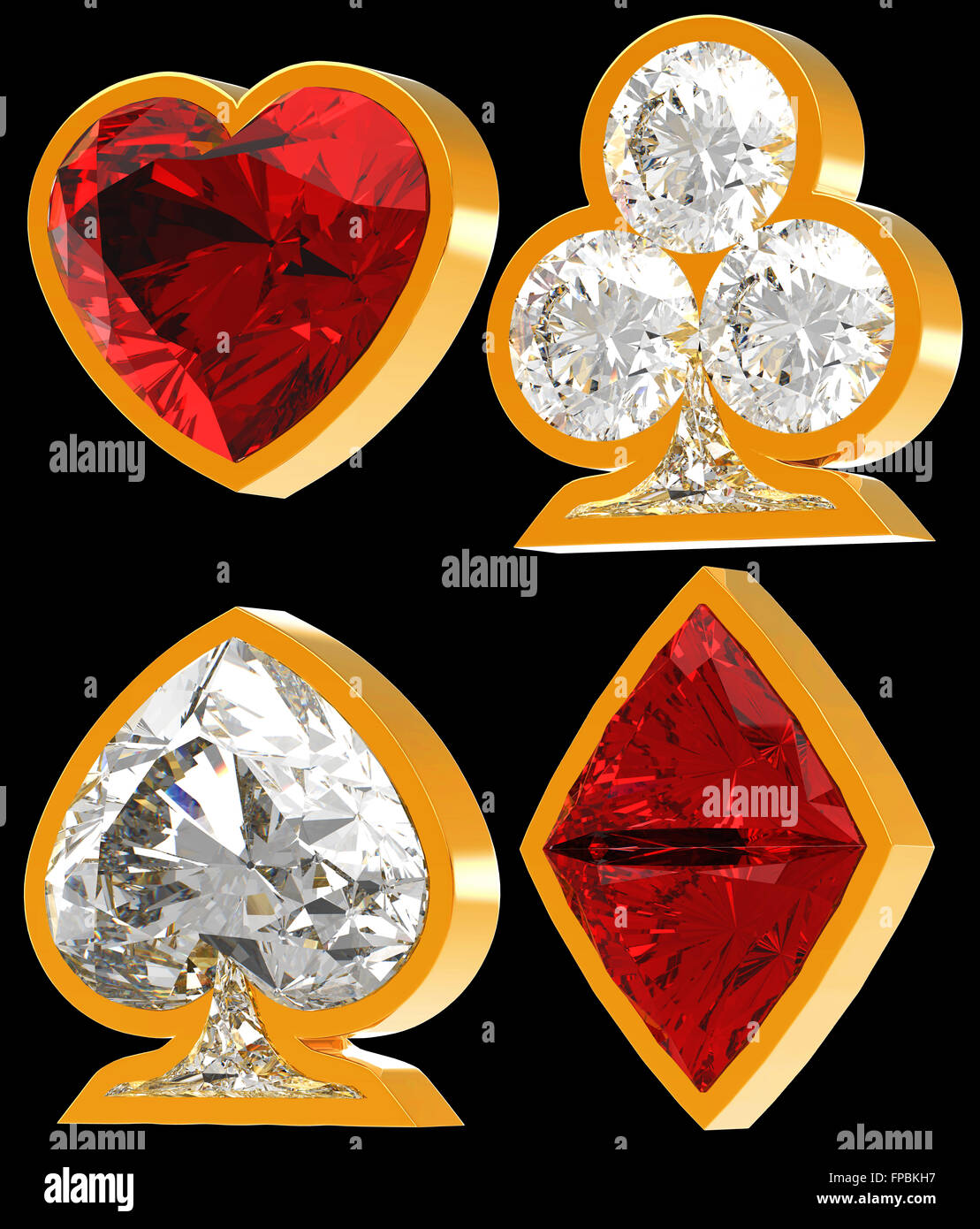Side view of Diamond shaped Card Suits with golden framing over black ...