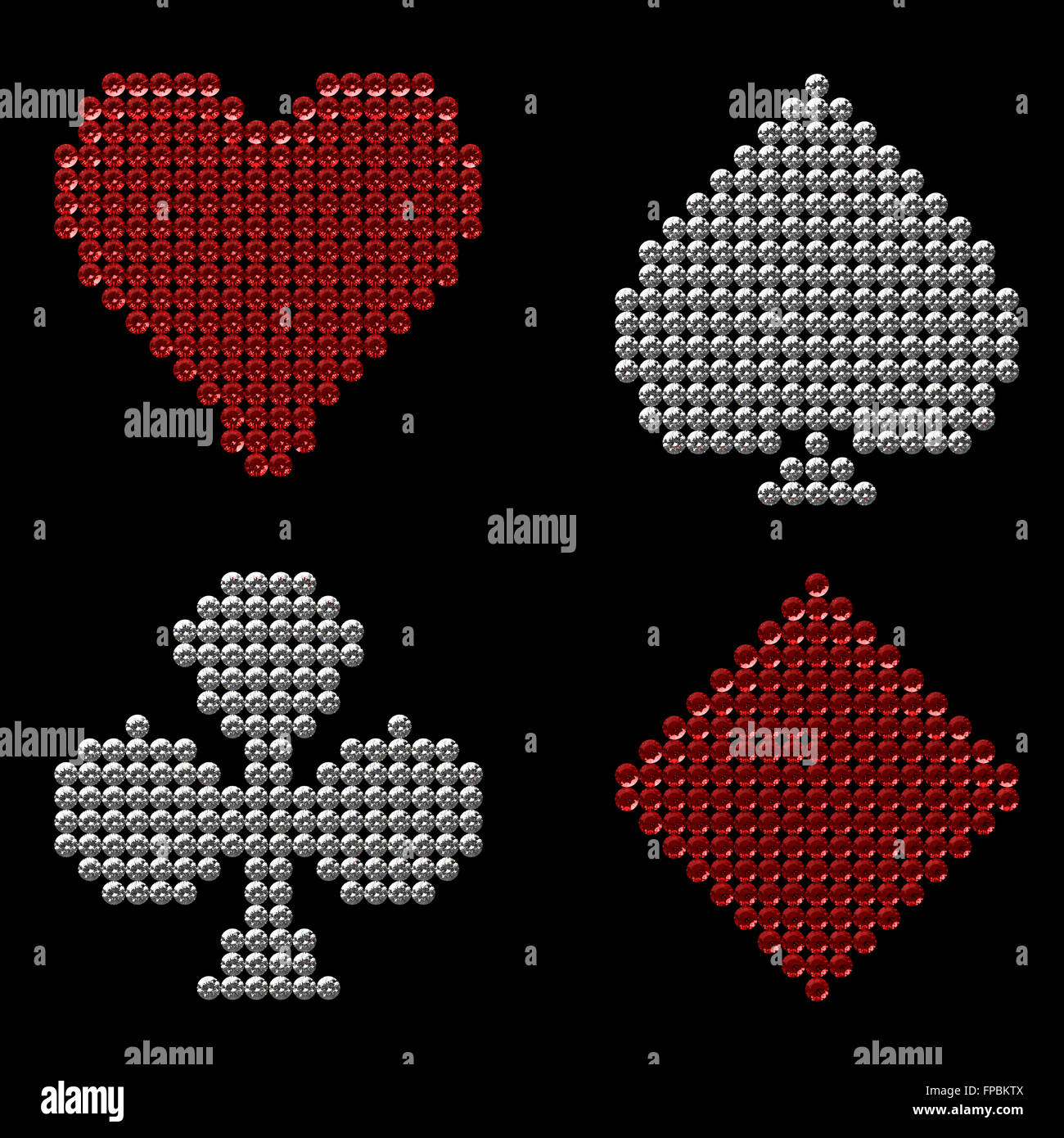 Colored Diamond shaped Card Suits over black background. Other gems are ...