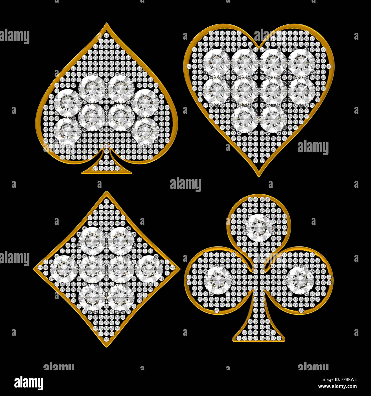 Diamond shaped Card Suits with golden framing over black background ...