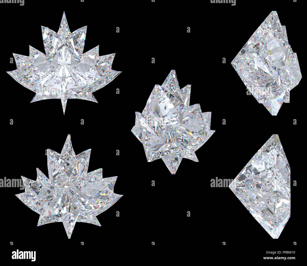 Top, bottom and side views of maple leaf diamond. Over black ...
