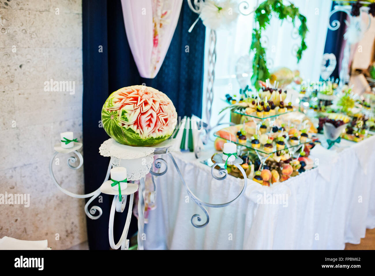 Wedding reception, table of fruits, watermelon with a pattern Stock ...