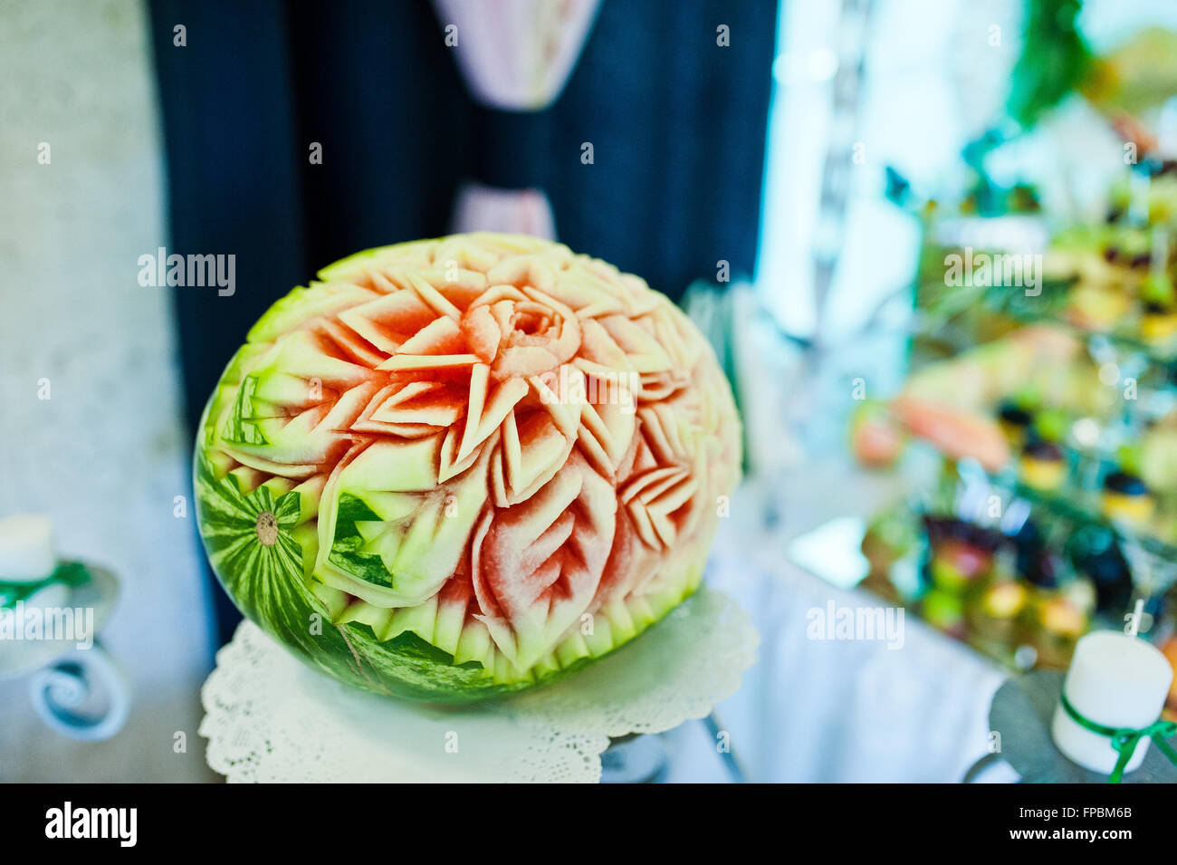 Wedding reception, table of fruits, watermelon with a pattern Stock ...