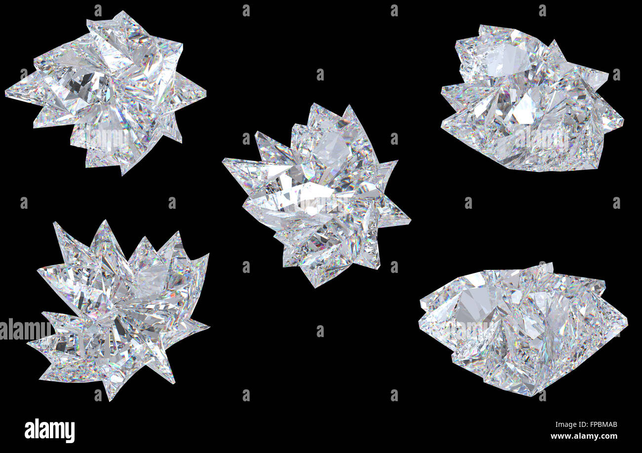Top, bottom and side views of maple leaf diamond. Over black ...
