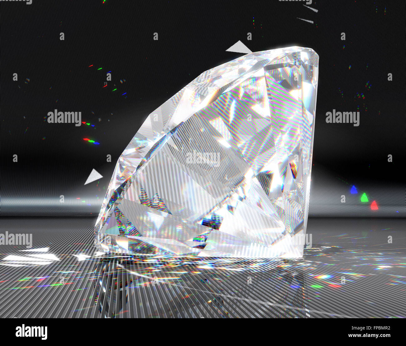 Large diamond with striped reflection and sparkles over metallic ...