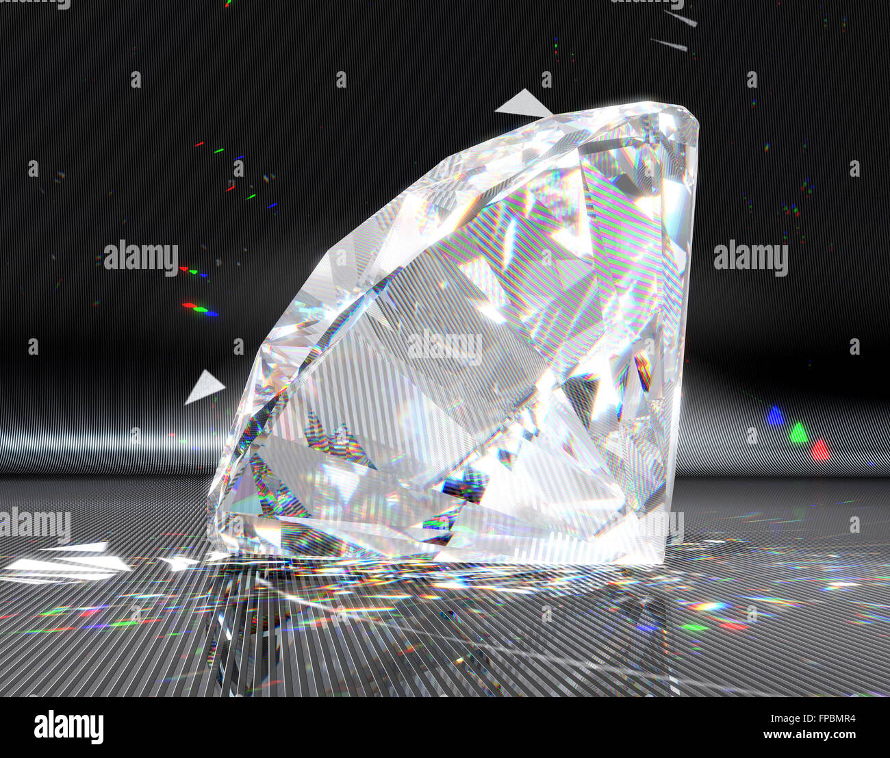 Large diamond with striped reflection and sparkles over metallic ...