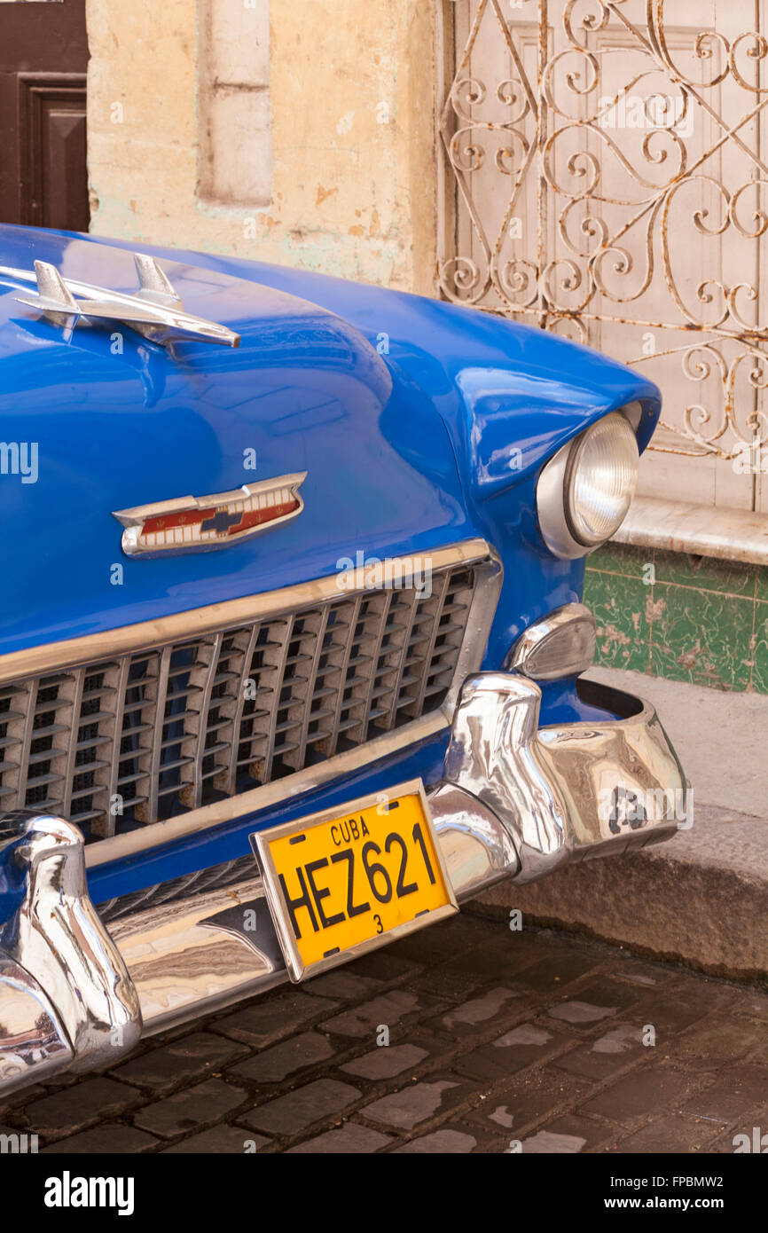 close up of blue chevrolet car at Havana, Cuba, West Indies, Caribbean ...