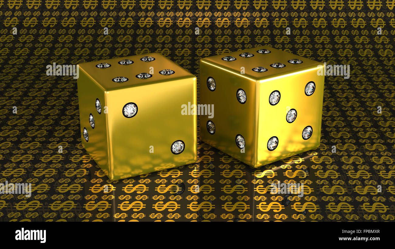 Two golden dies with diamonds over US dollar background. Large ...