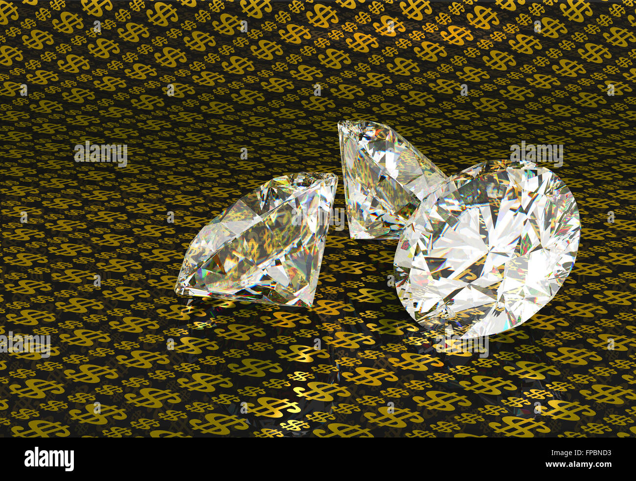 Three large brilliant cut diamonds over golden dollar background Stock ...
