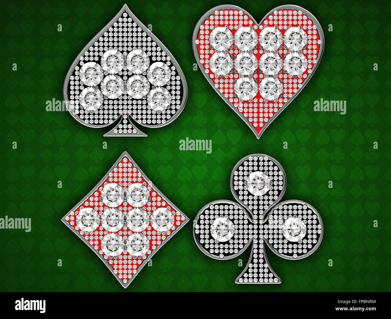 Diamond shaped Card Suits with silver framing over green textured ...