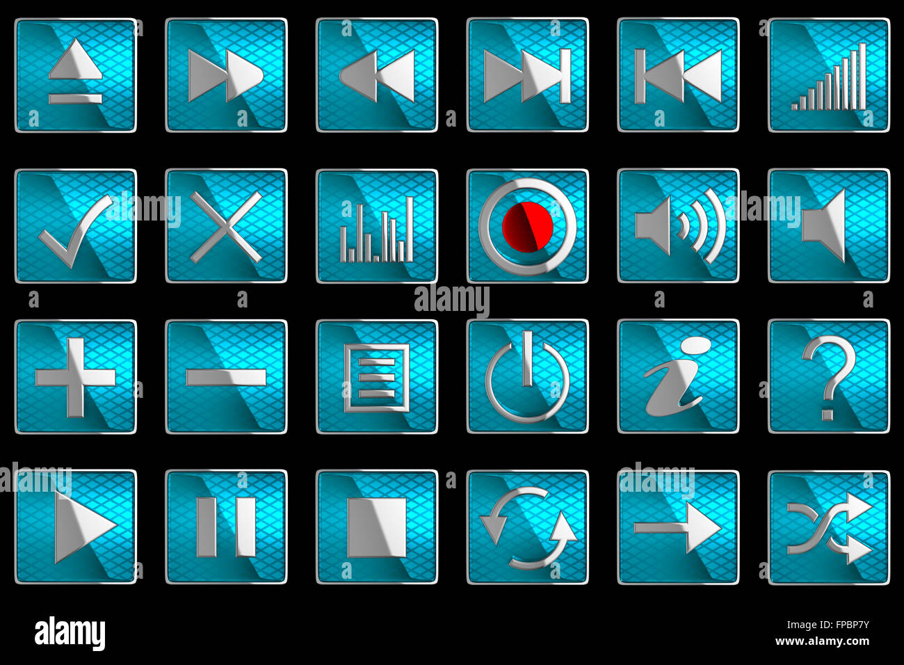 Square blue Control panel icons or buttons isolated on black Stock ...