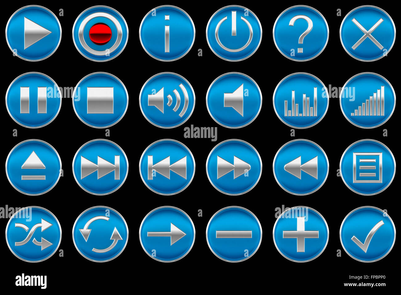 Round blue Control panel icons or buttons isolated on black Stock Photo ...
