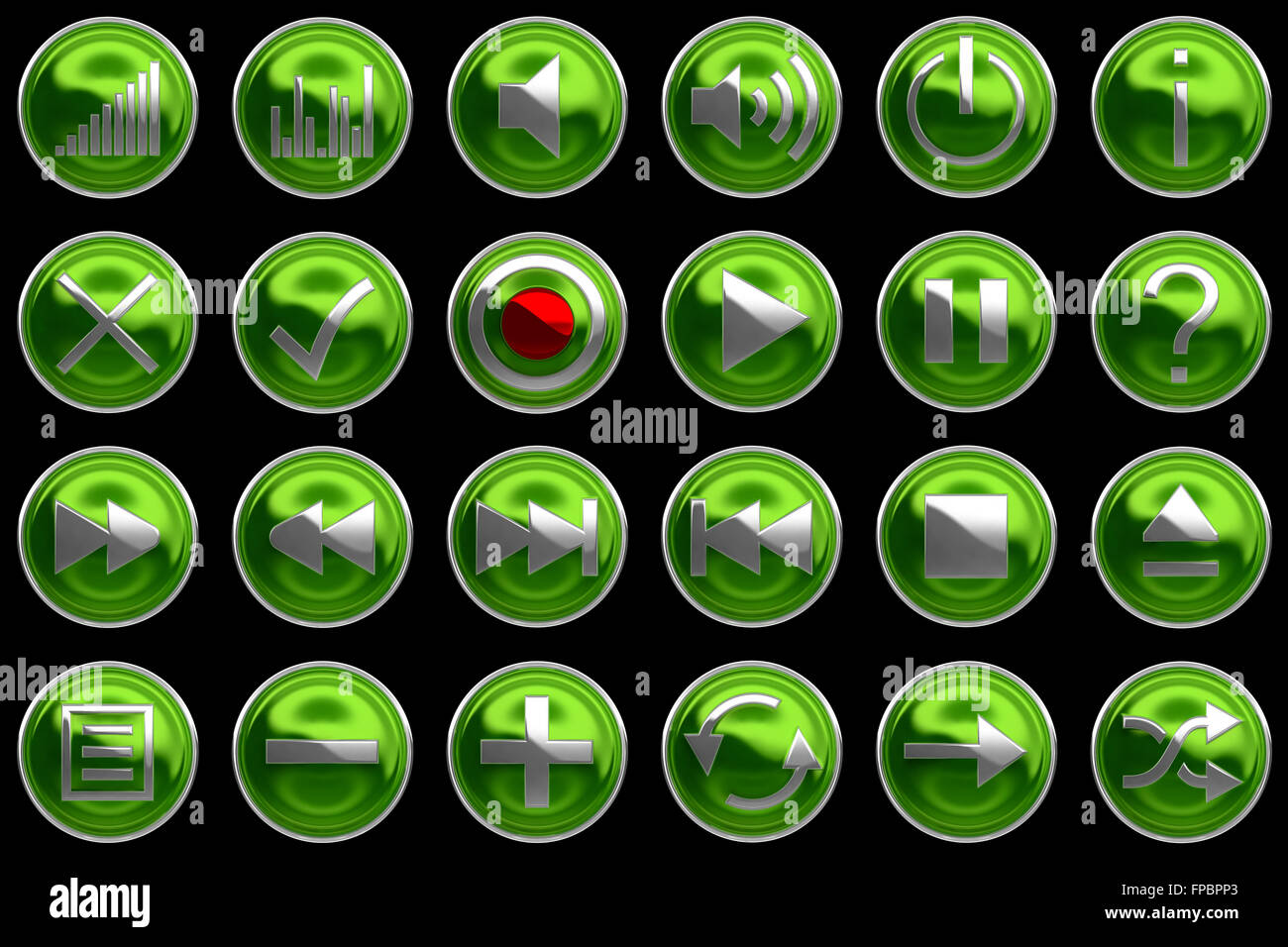 Round green Control panel icons or buttons isolated on black Stock ...