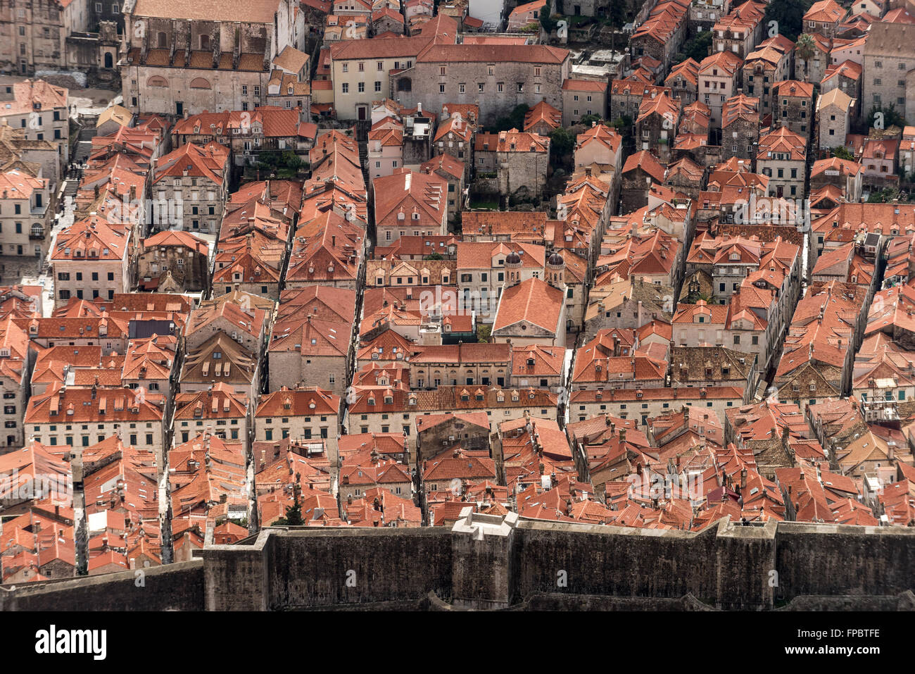 Looking down over the medieval rooftops of the old city of Dubrovnik in ...