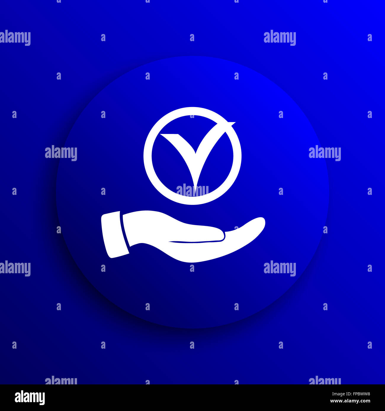 Tick with hand icon. Internet button on blue background Stock Photo - Alamy