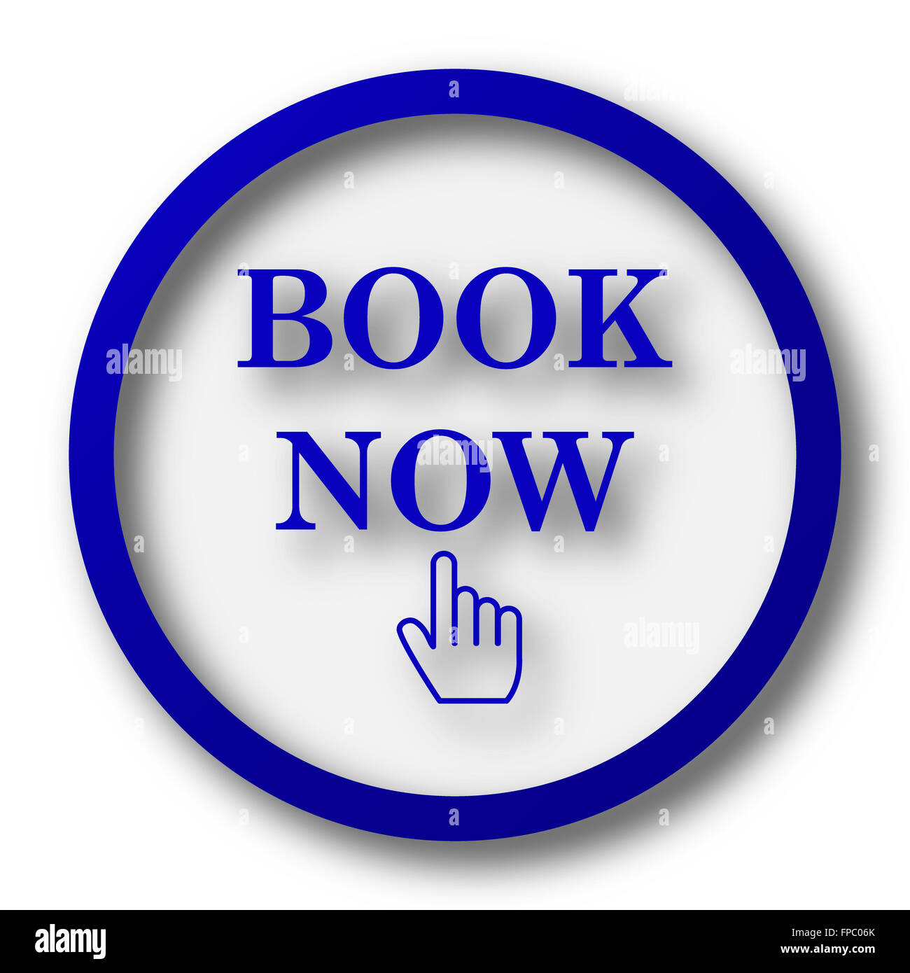 Book now icon. Blue internet button on white background Stock Photo - Alamy