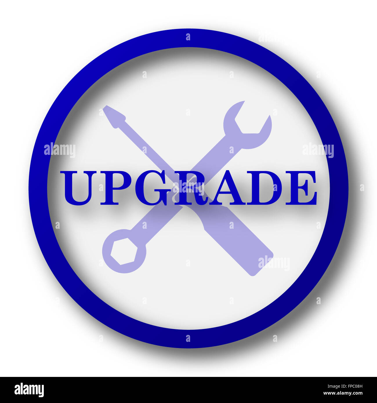 Upgrade icon. Blue internet button on white background Stock Photo - Alamy
